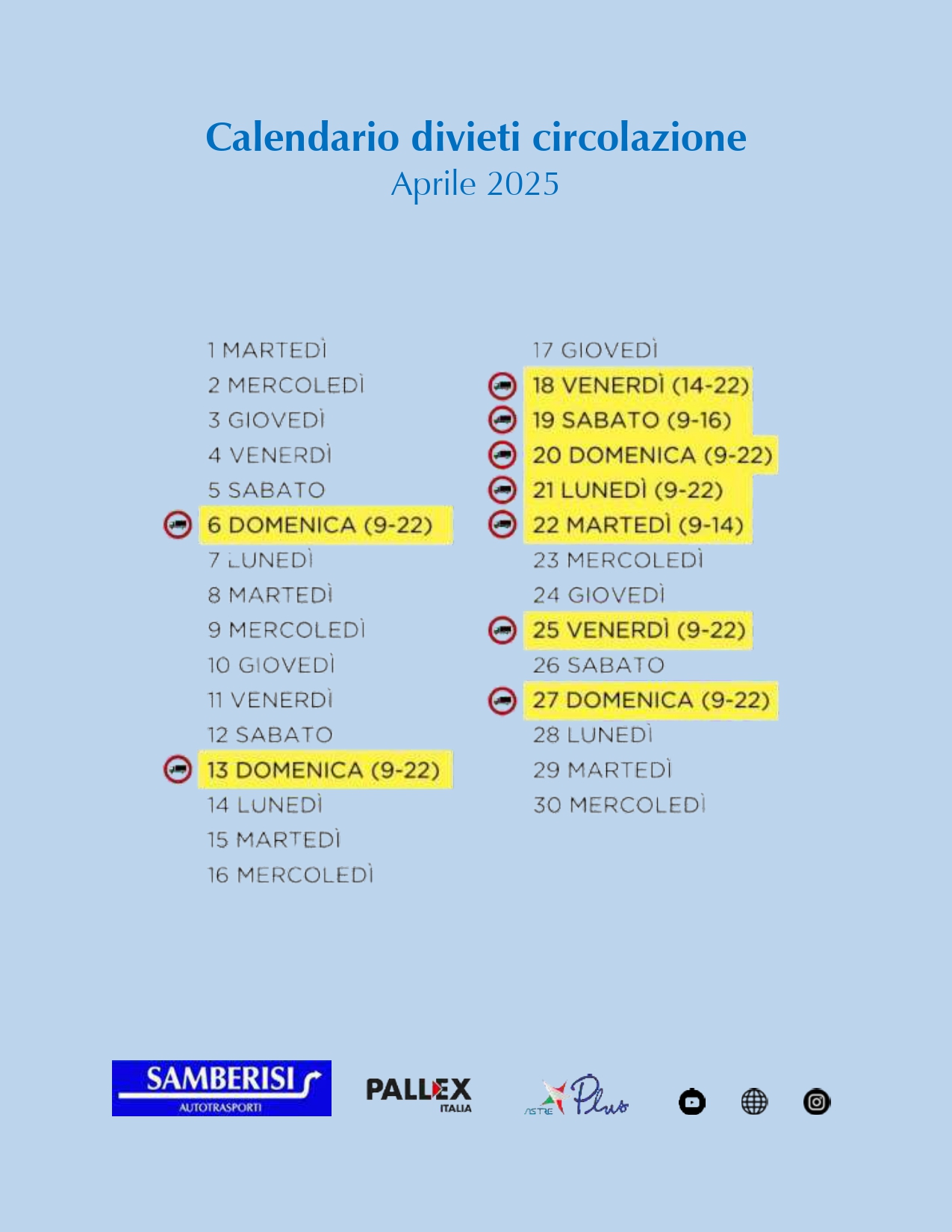 Aprile 2025 calendario dei divieti di circolazione per autocarri oltre ...